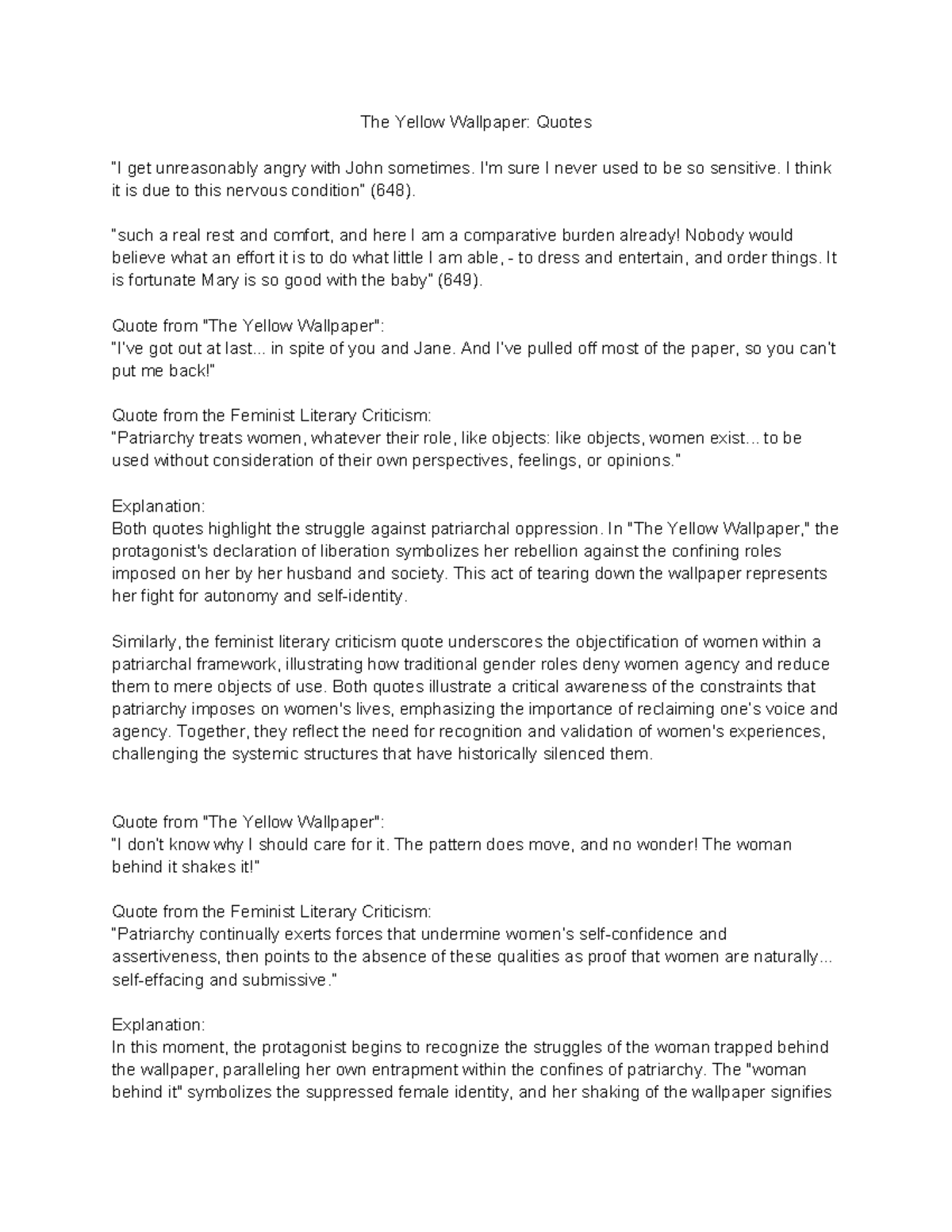 The Yellow Wallpaper: Feminist Critique & Key Quotes Analysis - Studocu