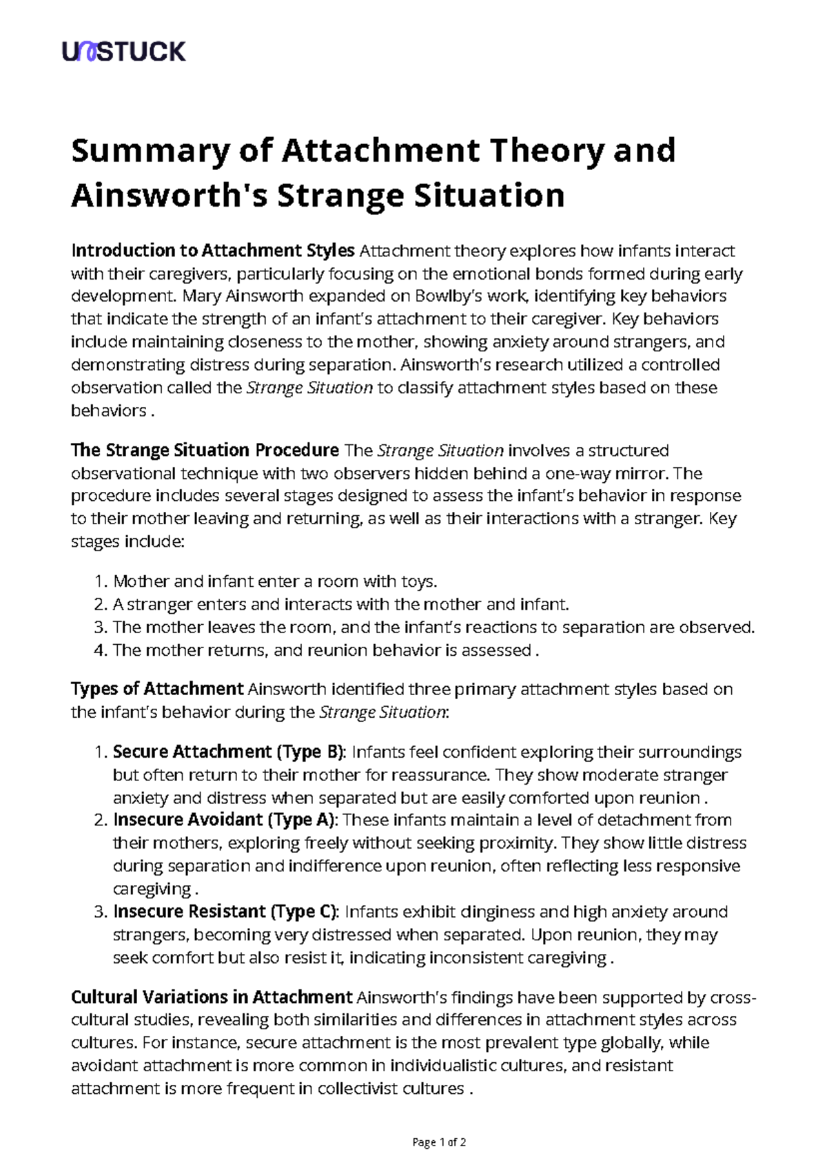 Attachment Theory Summary: Ainsworth’s Strange Situation Overview - Studocu