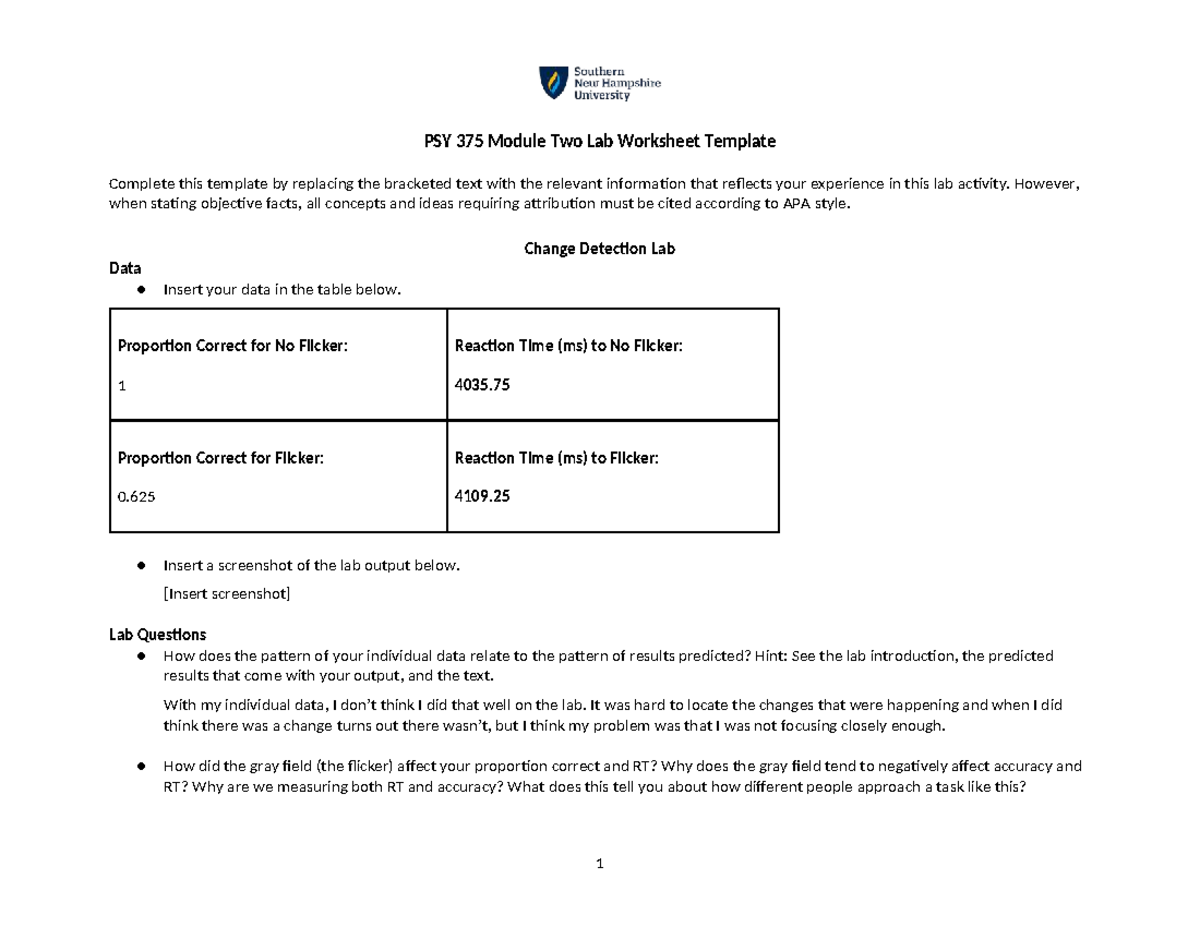 PSY 375 Change Detection & Stroop Effect Lab Worksheet - Studocu