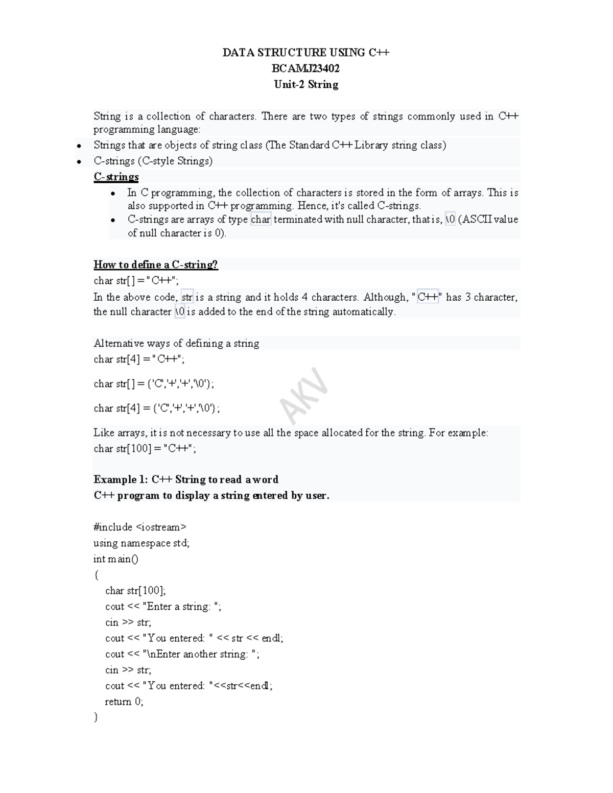 Data Structure Using C++: Strings - Unit 2 (BCAMJ23402) - Studocu