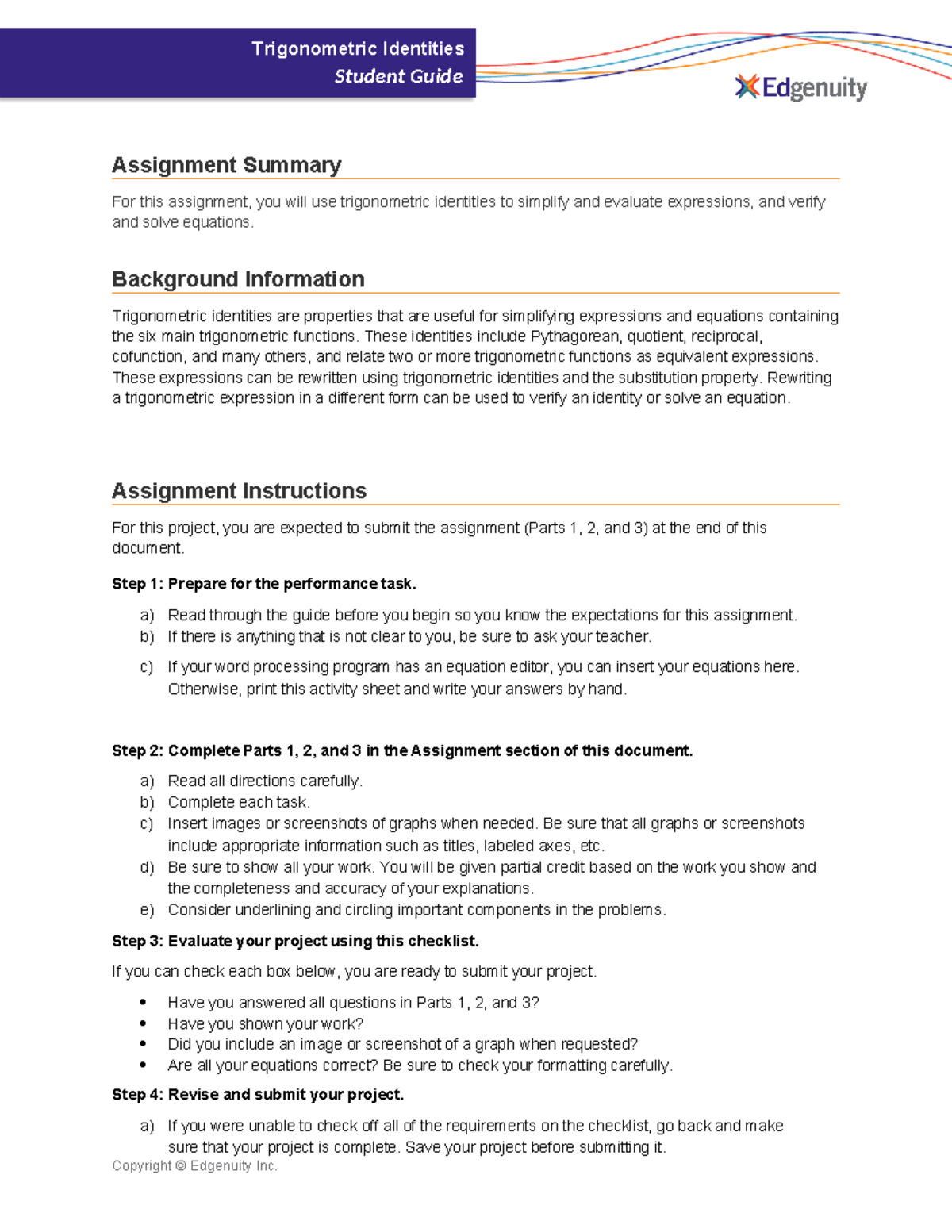 Performance Task - Trigonometric Identities 1 - SE - Student Guide ...
