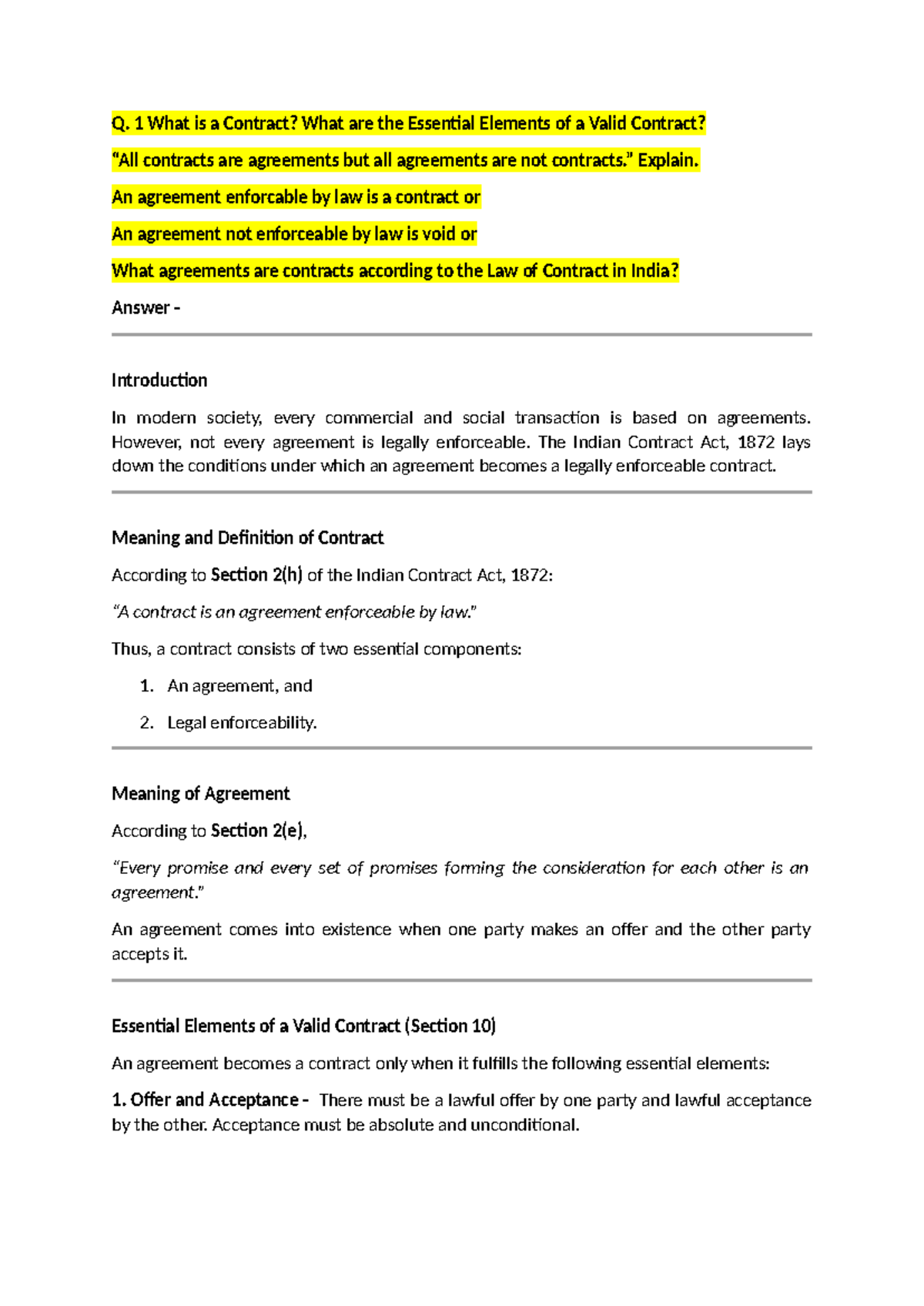 Law of Contract -1: Essential Elements & Validity of Contracts - Studocu