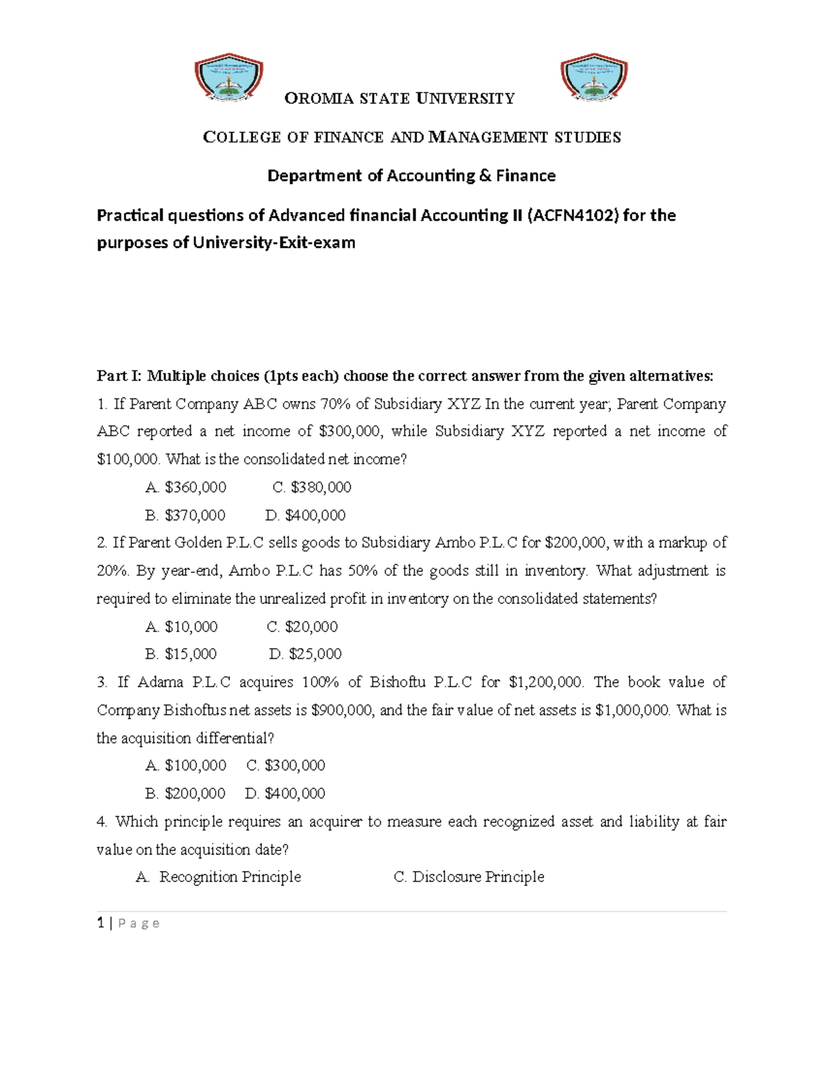 Final Exam Questions for Advanced Financial Accounting II (ACFN4102 ...