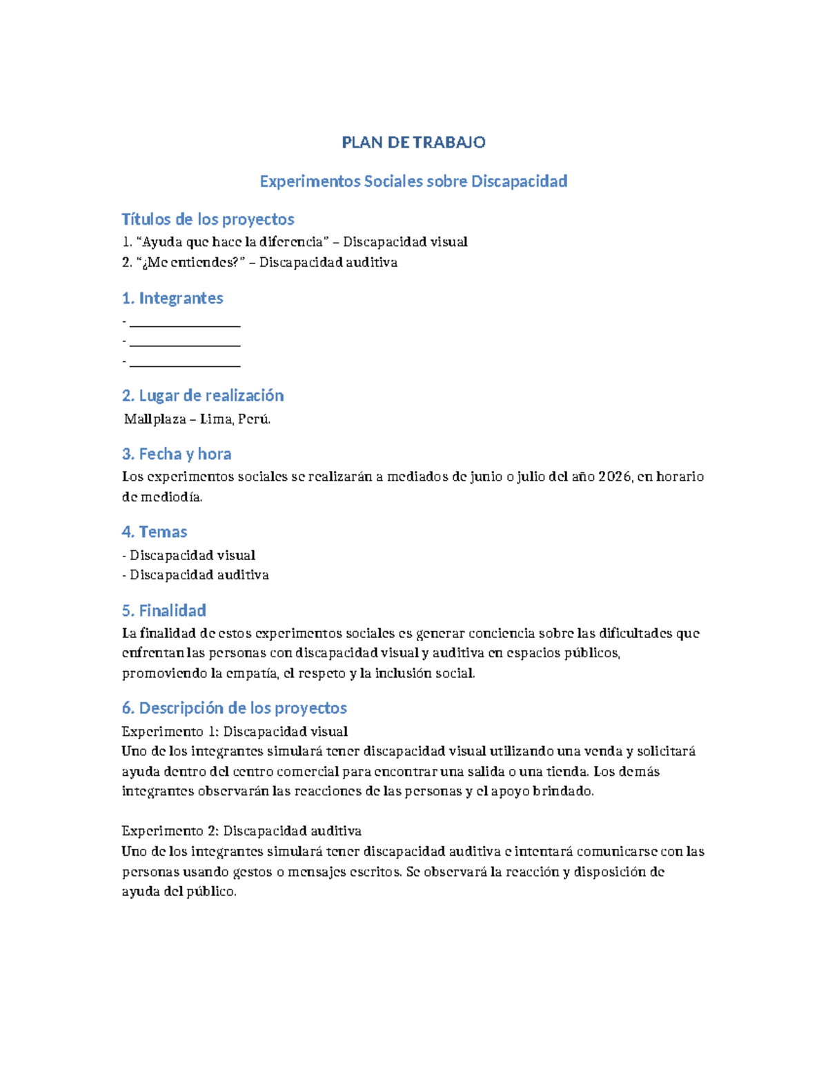 PLAN DE TRABAJO: Experimentos Sociales sobre Discapacidad - Studocu