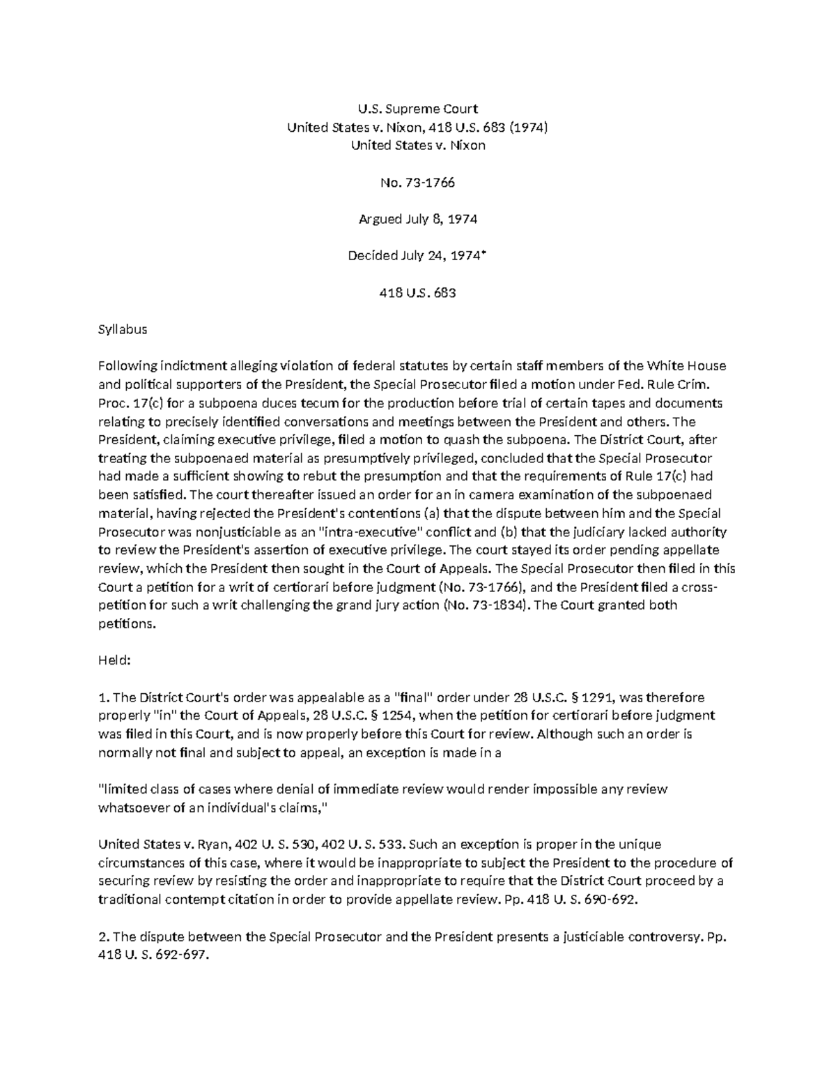 Case Digest: United States v. Nixon, 418 U.S. 683 (1974) Analysis - Studocu