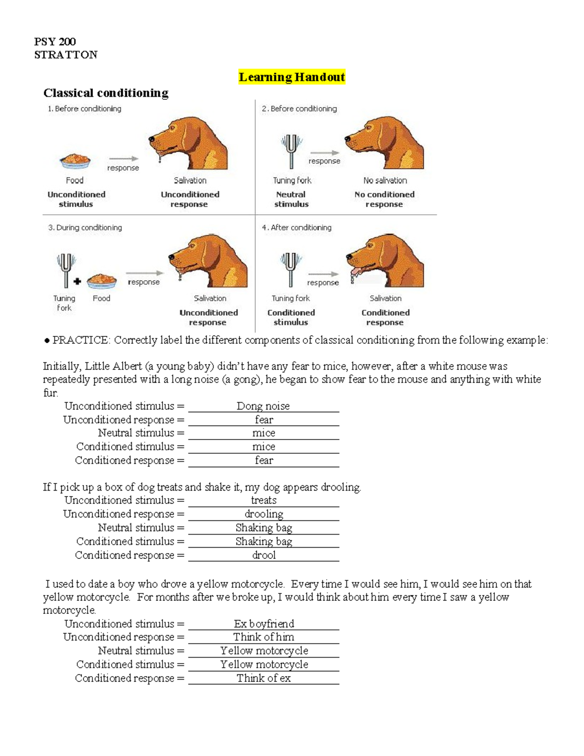 PSY 200 Classical & Operant Conditioning Learning Handout Guide - Studocu