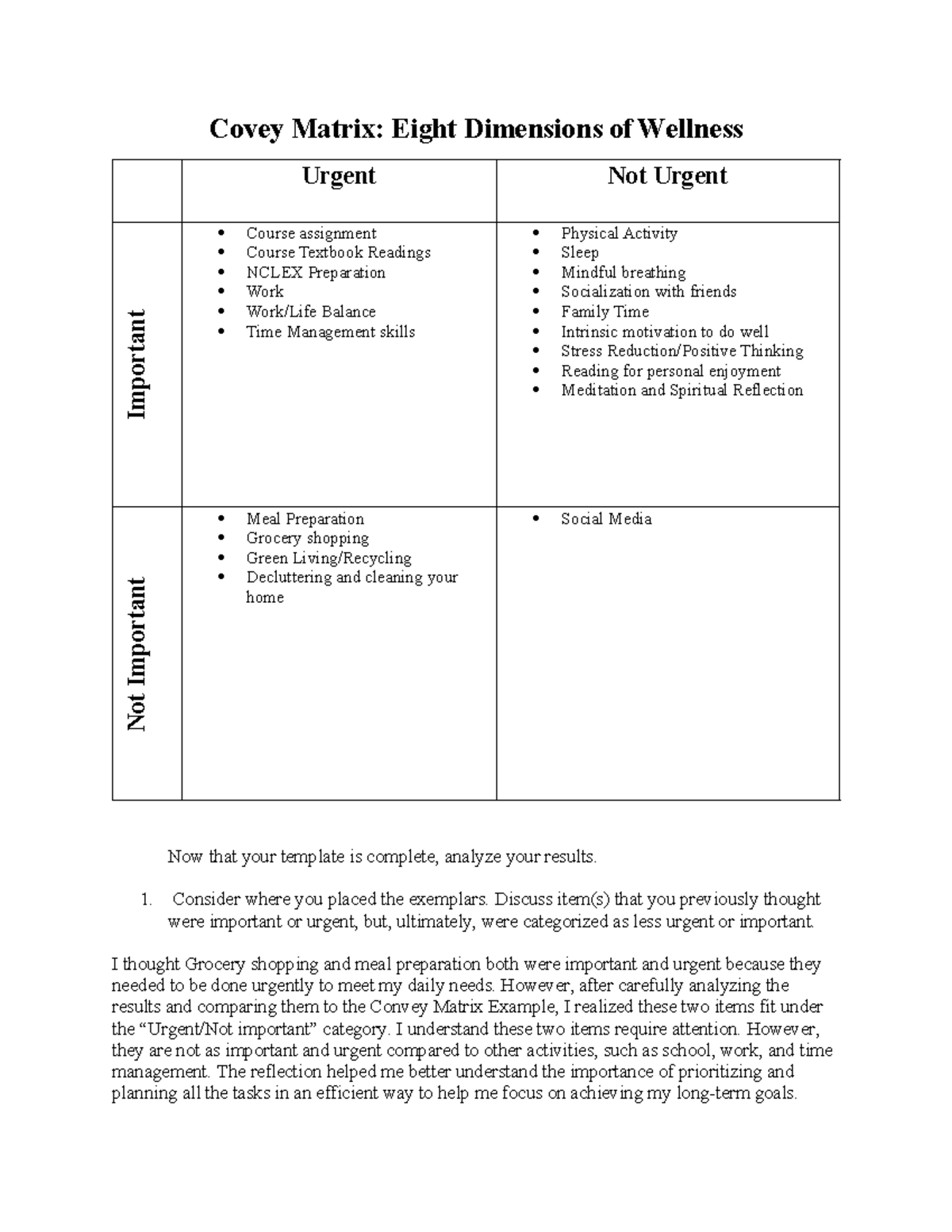 Covey Matrix Analysis: Prioritizing Wellness Dimensions for NCLEX - Studocu