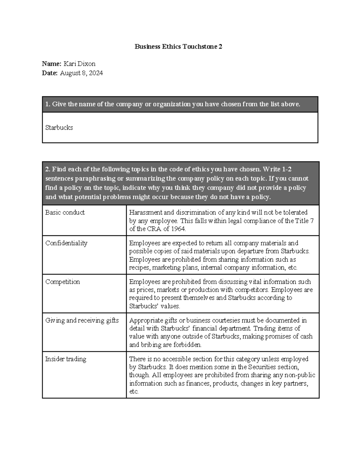 Business Ethics Touchstone 2: Analyzing Starbucks' Code of Ethics - Studocu