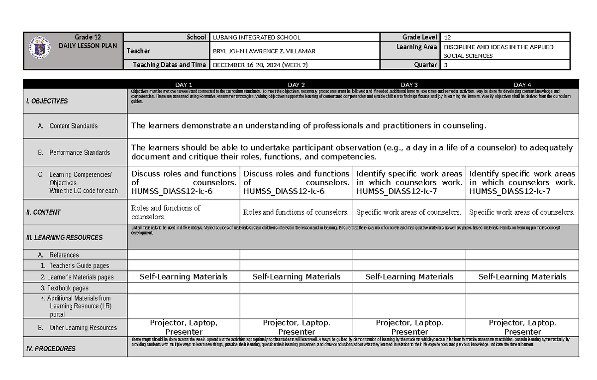 Grade 12 HUMSS Lesson Plan: Week 2 on Counseling Roles & Functions ...