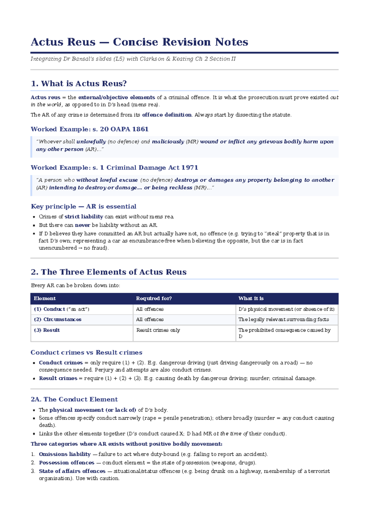 Actus Reus Revision Notes (L5) - Key Concepts and Case Studies - Studocu