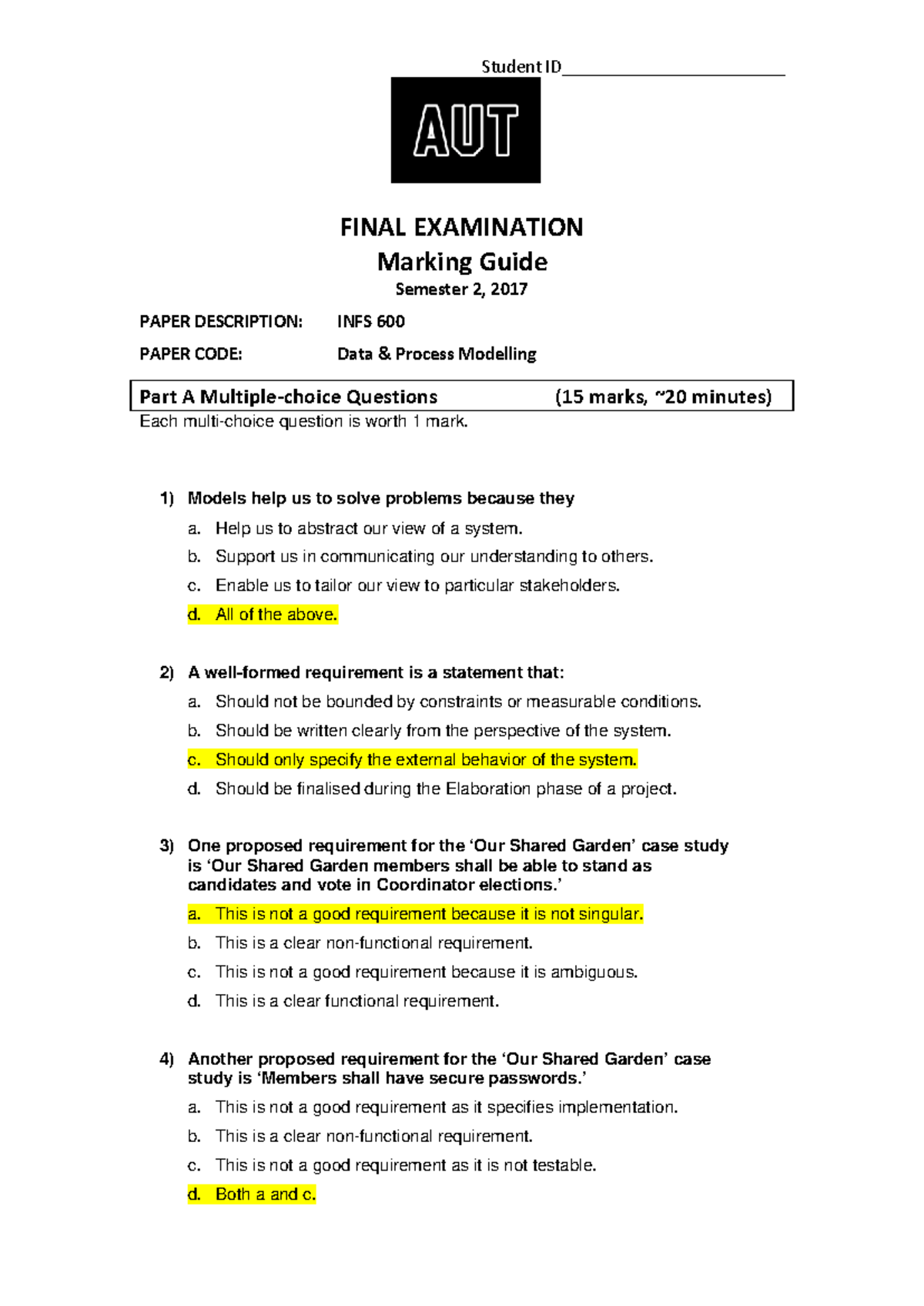 Final Exam INFS 600: Data & Process Modelling Questions & Answers - Studocu