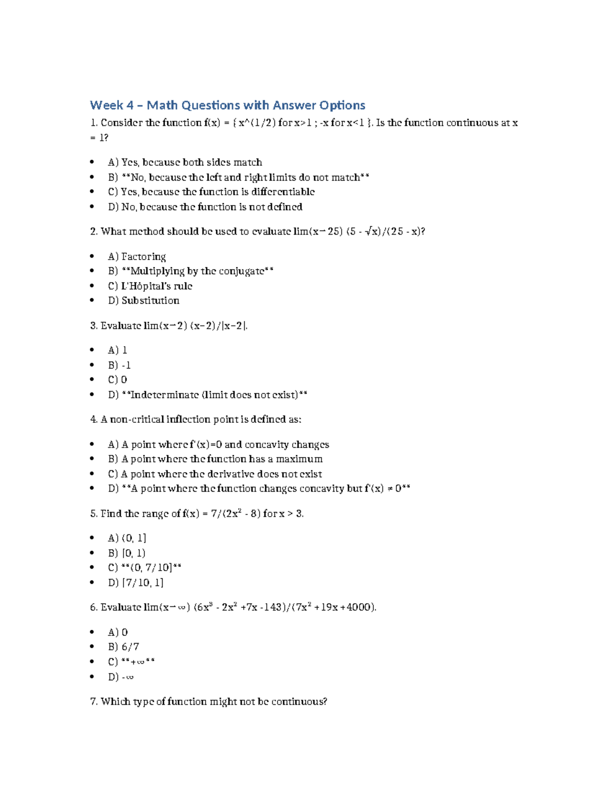 Week 4 Math Questions & Answer Options for Calculus 101 - Studeersnel