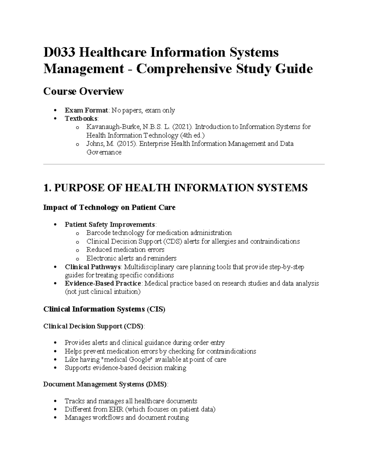 D033 Healthcare Information Systems Management Comprehensive Study ...