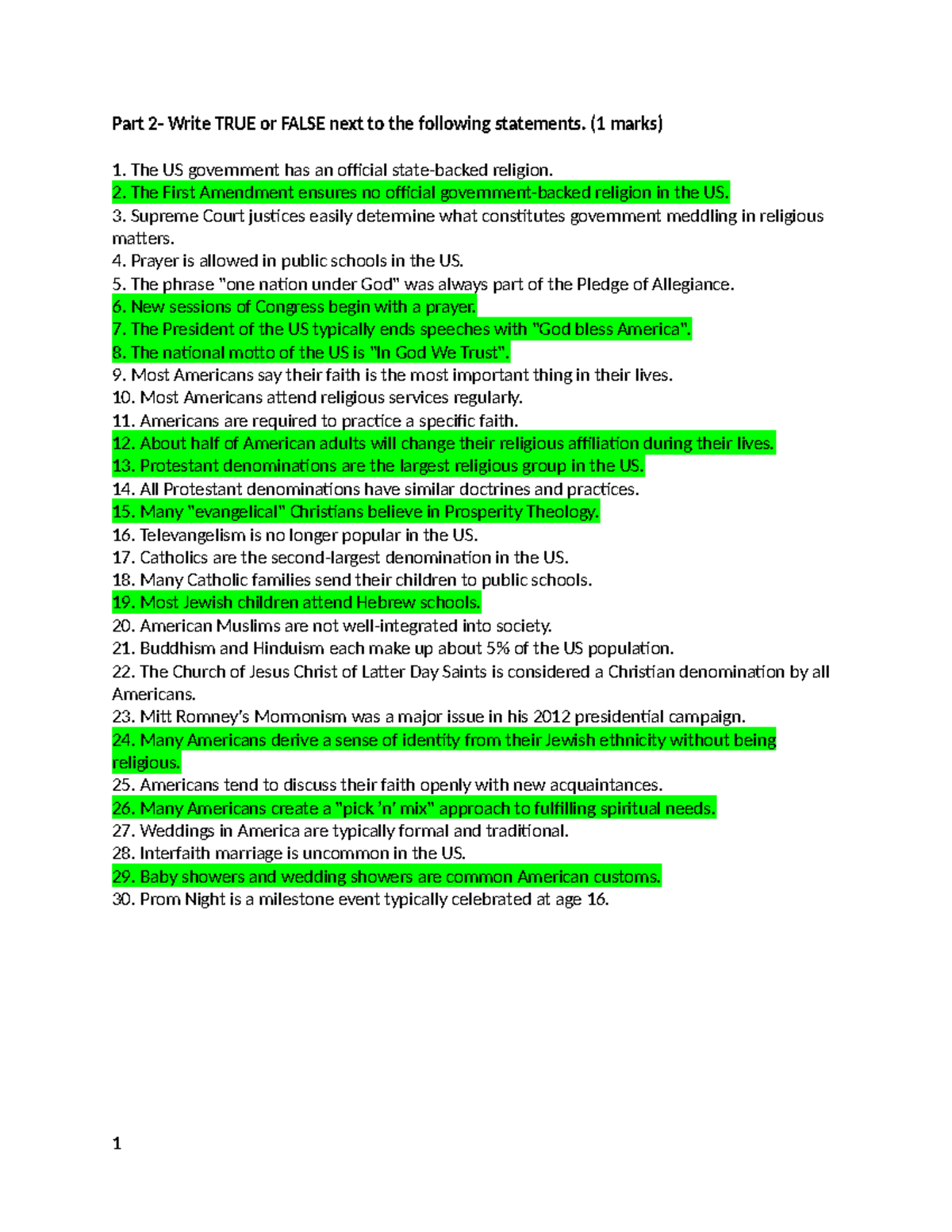 US3 - TRUE or FALSE Statements on Religion in America - Studocu