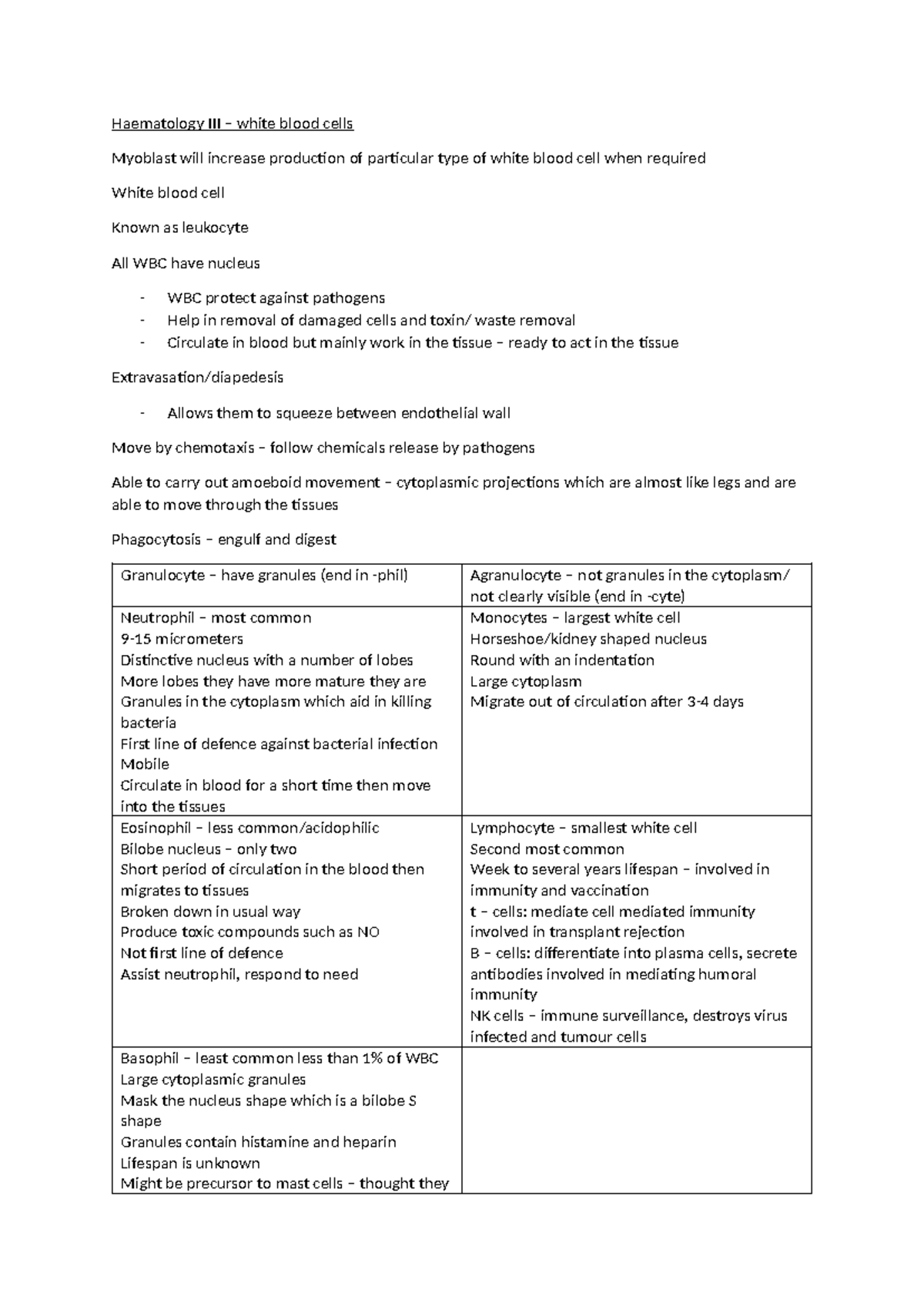 Haematology III - Blood: White Blood Cell Functions and Types - Studocu