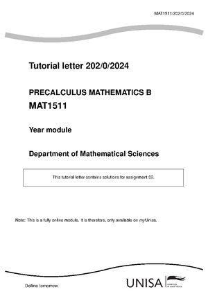 [Solved] please help me - Precalculus Mathematics B (MAT1511) - Studocu