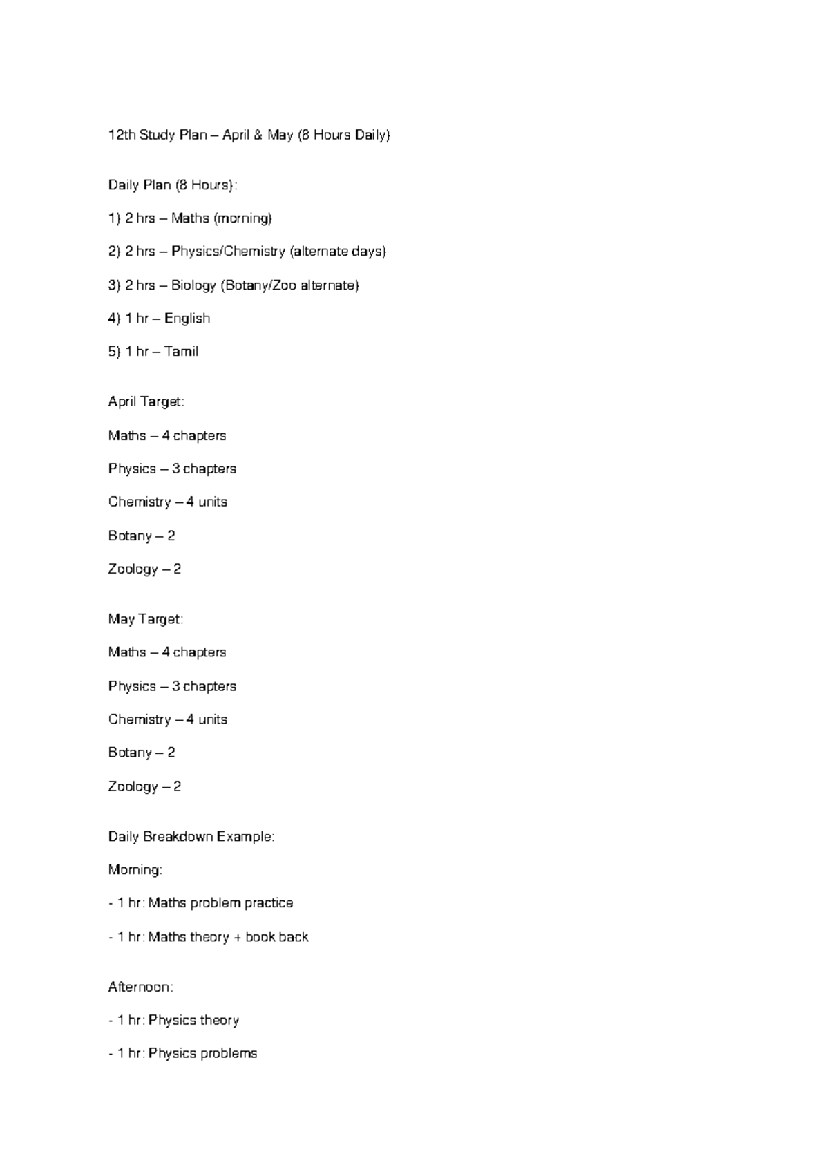 12th Study Plan: April-May Daily Schedule (8 Hours) - Studocu