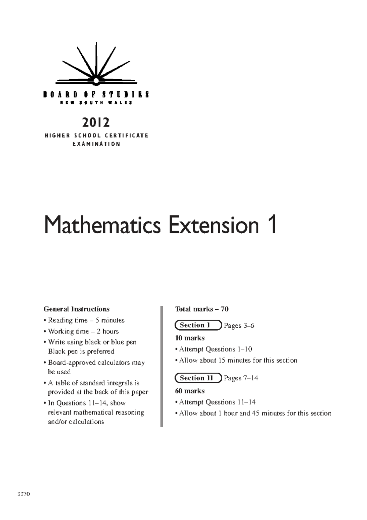 2012 HSC Mathematics Extension 1 Exam Paper - Studocu