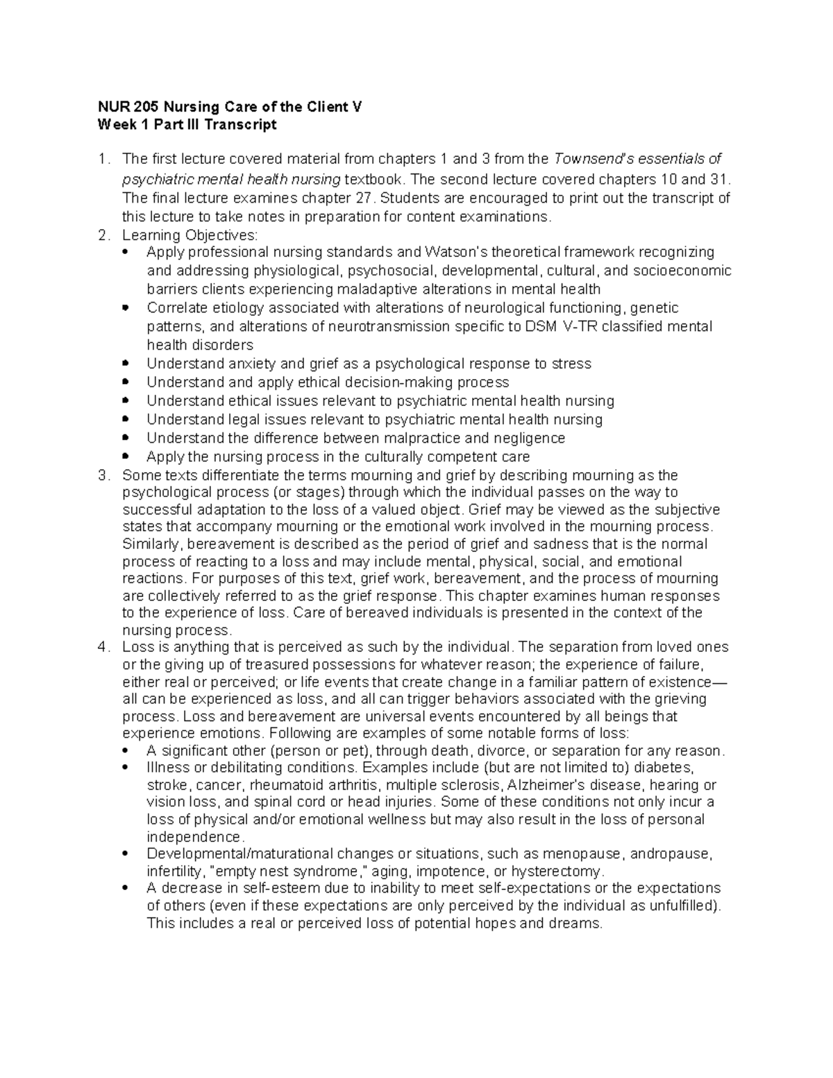 NUR 205 Nursing Care of the Client V Week 1 Lecture Transcript - Studocu