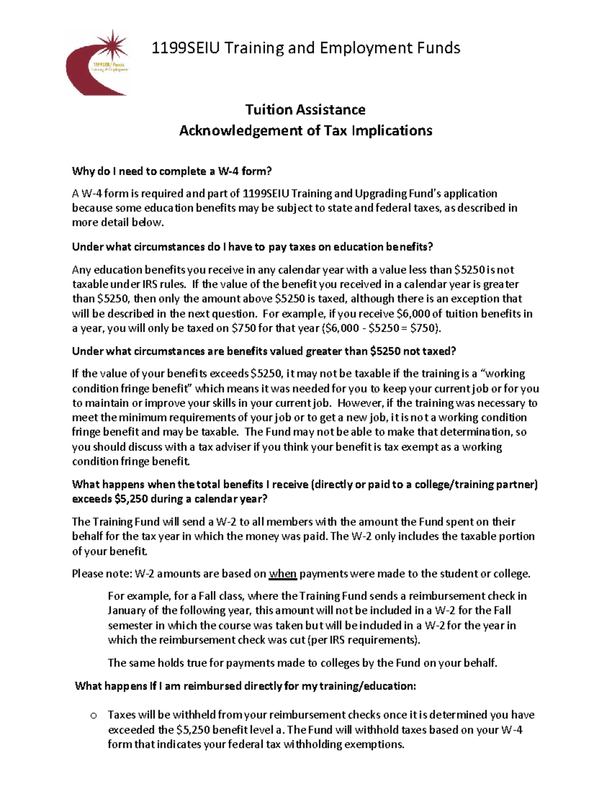 1199SEIU Tuition Assistance Tax Implications Acknowledgment Form - Studocu