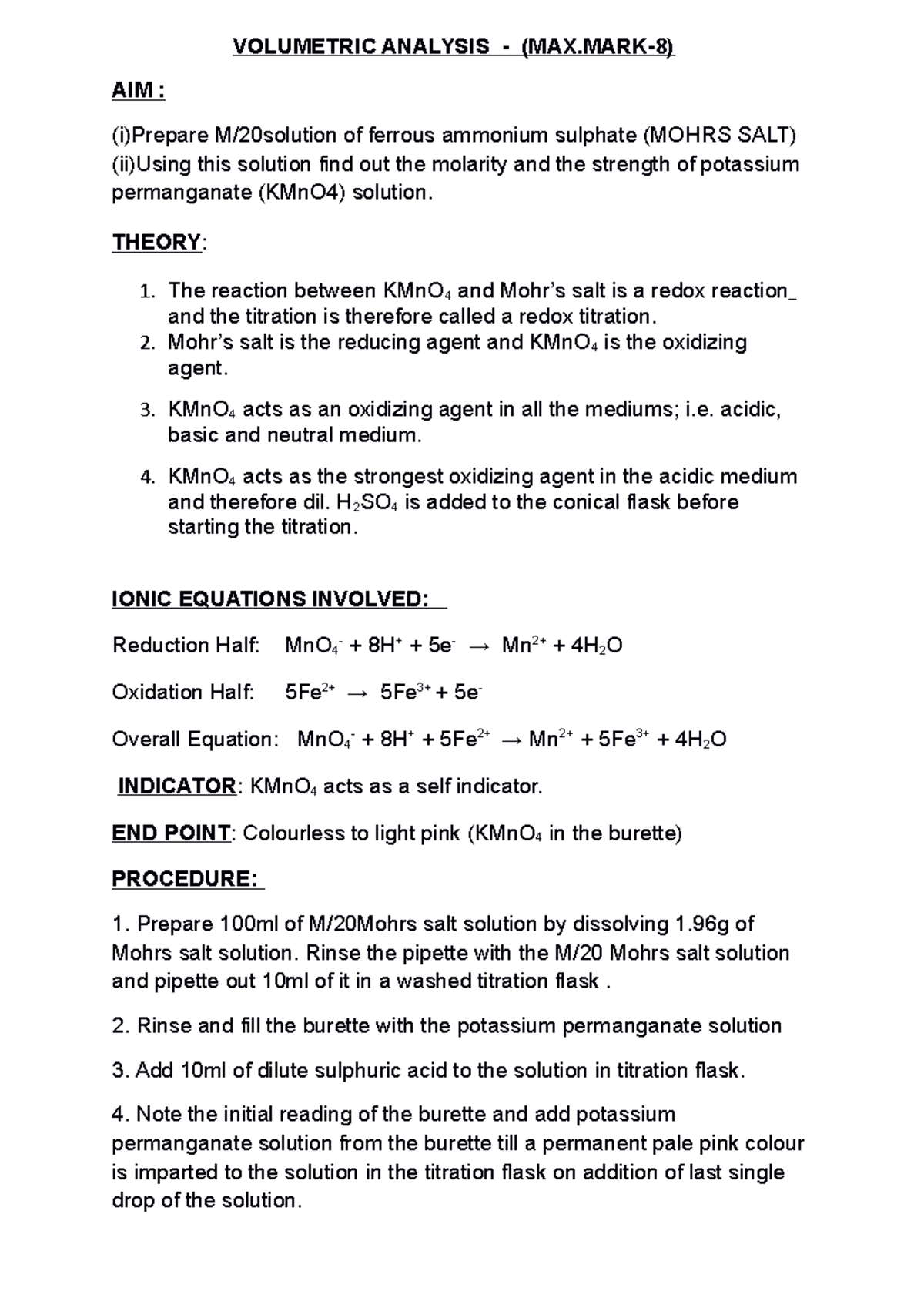 Volumetric analysis 27 - VOLUMETRIC ANALYSIS - (MAX-8) AIM : (i)Prepare ...