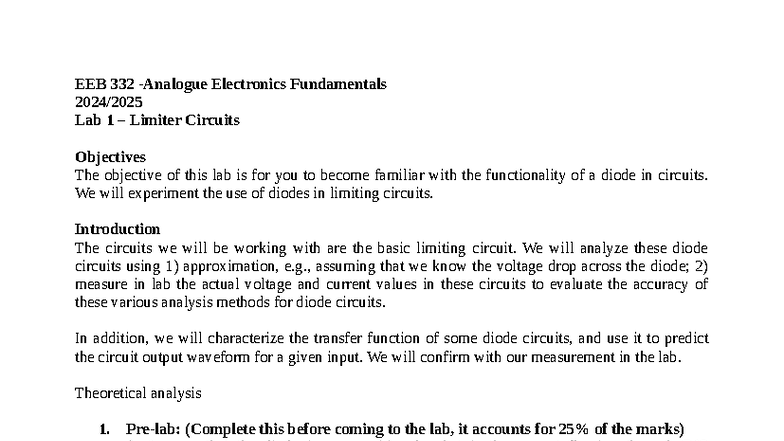 EEB 332 Lab 1: Diode Limiter Circuits & Transfer Function Analysis - Studocu