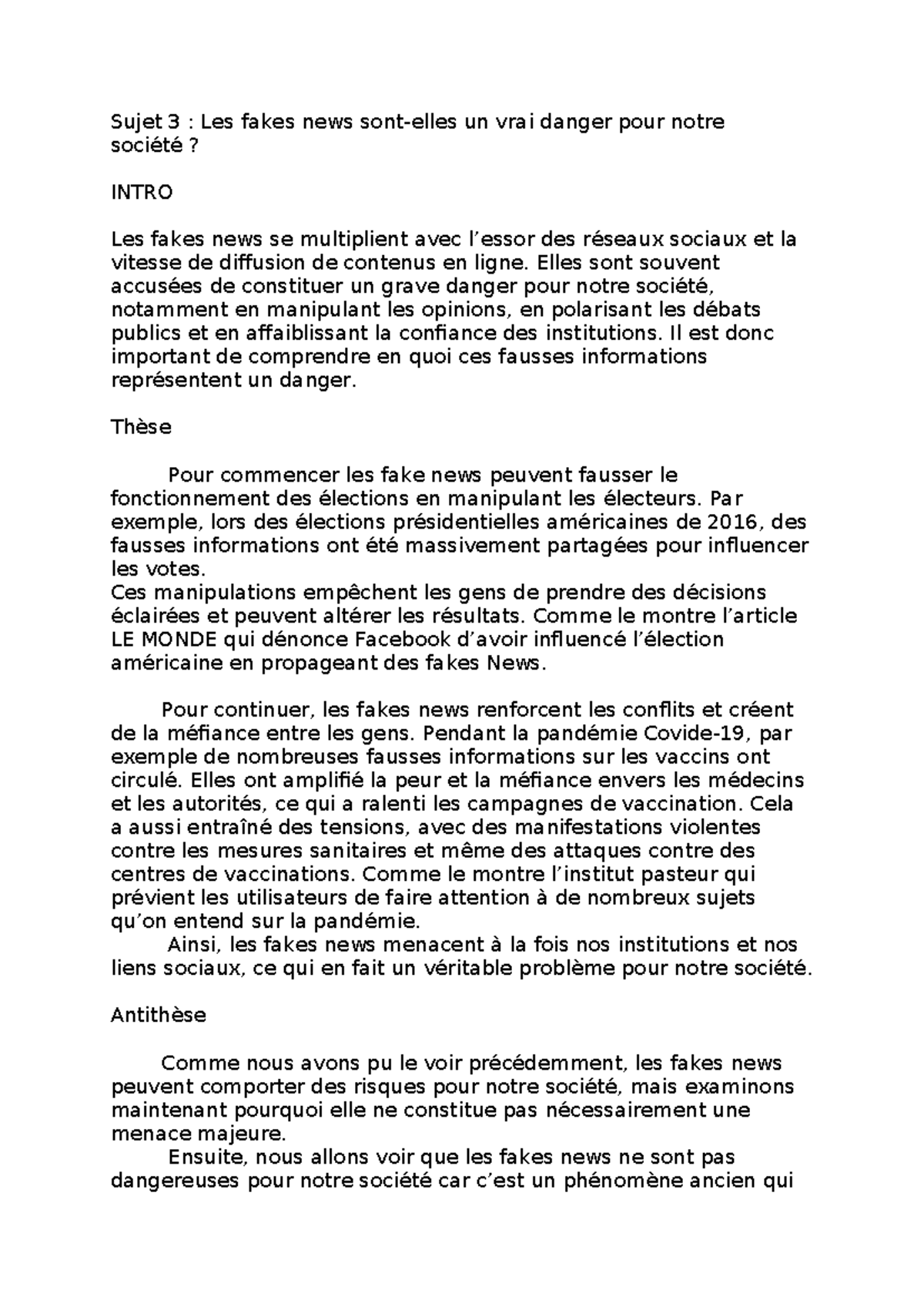 CGE - Sujet 3 : Les Fake News, un Danger pour la Société ? - Studocu
