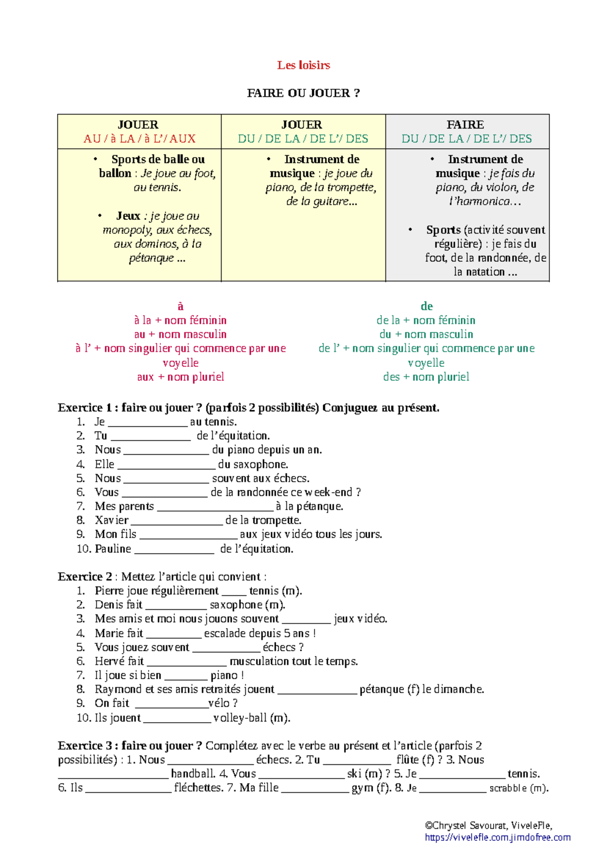 Loisirs: Exercices sur "Faire ou Jouer" - Distinction des Verbes - Studocu
