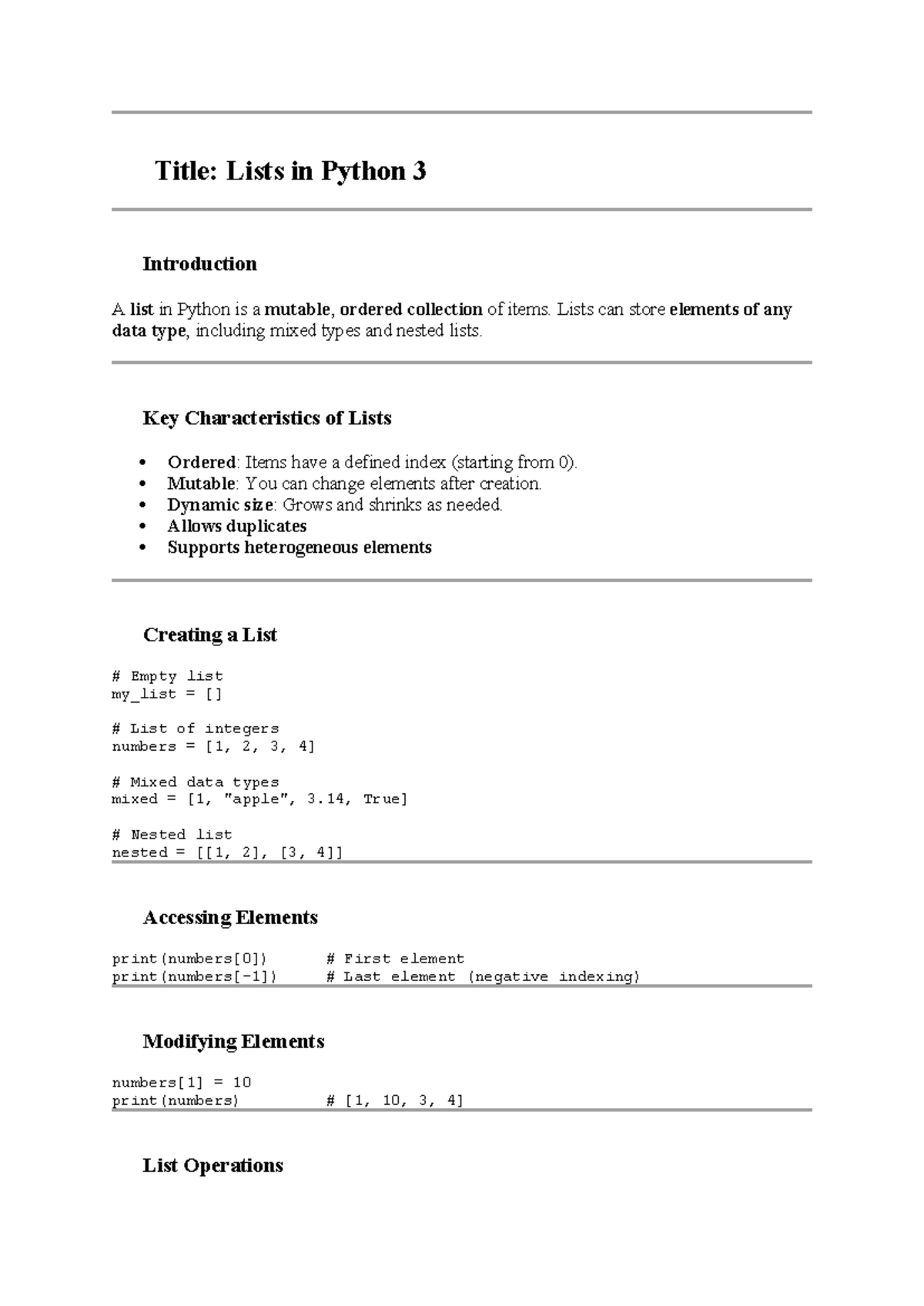 Python 3 - Introduction to Lists and Their Operations - Studocu