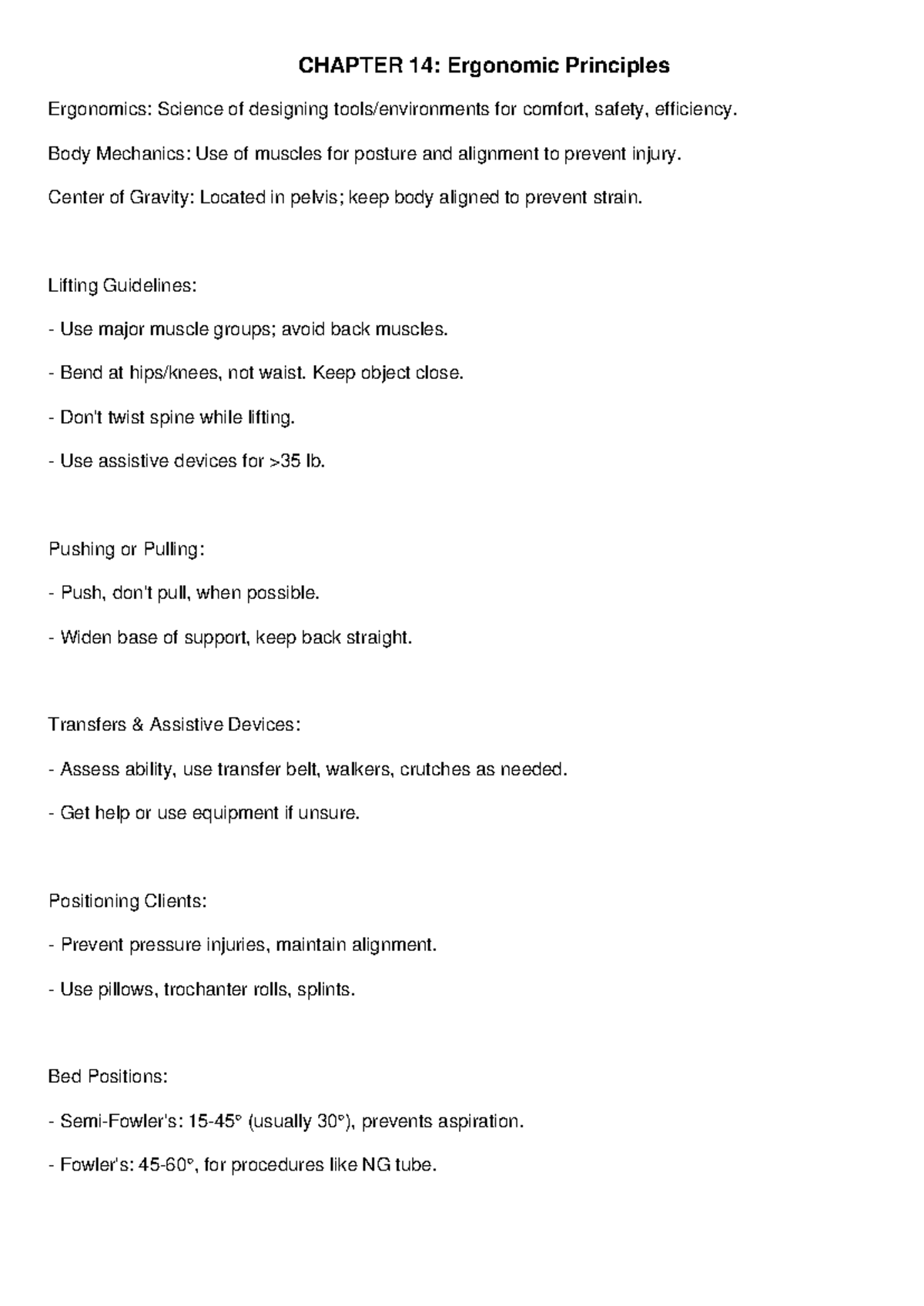 ATI Fundamentals Chapter 14 Study Guide: Ergonomic Principles - Studocu