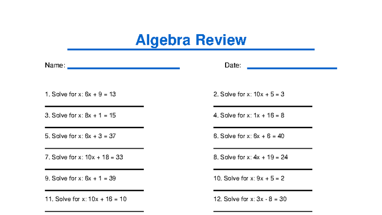 Algebra Review 3 - Practice Problems and Answer Key - Studocu