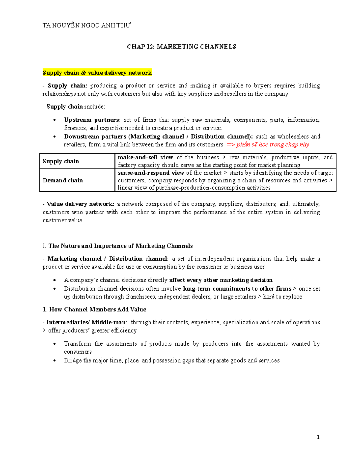 Chap 12: Marketing Channels & Supply Chain Value Delivery Network - Studocu