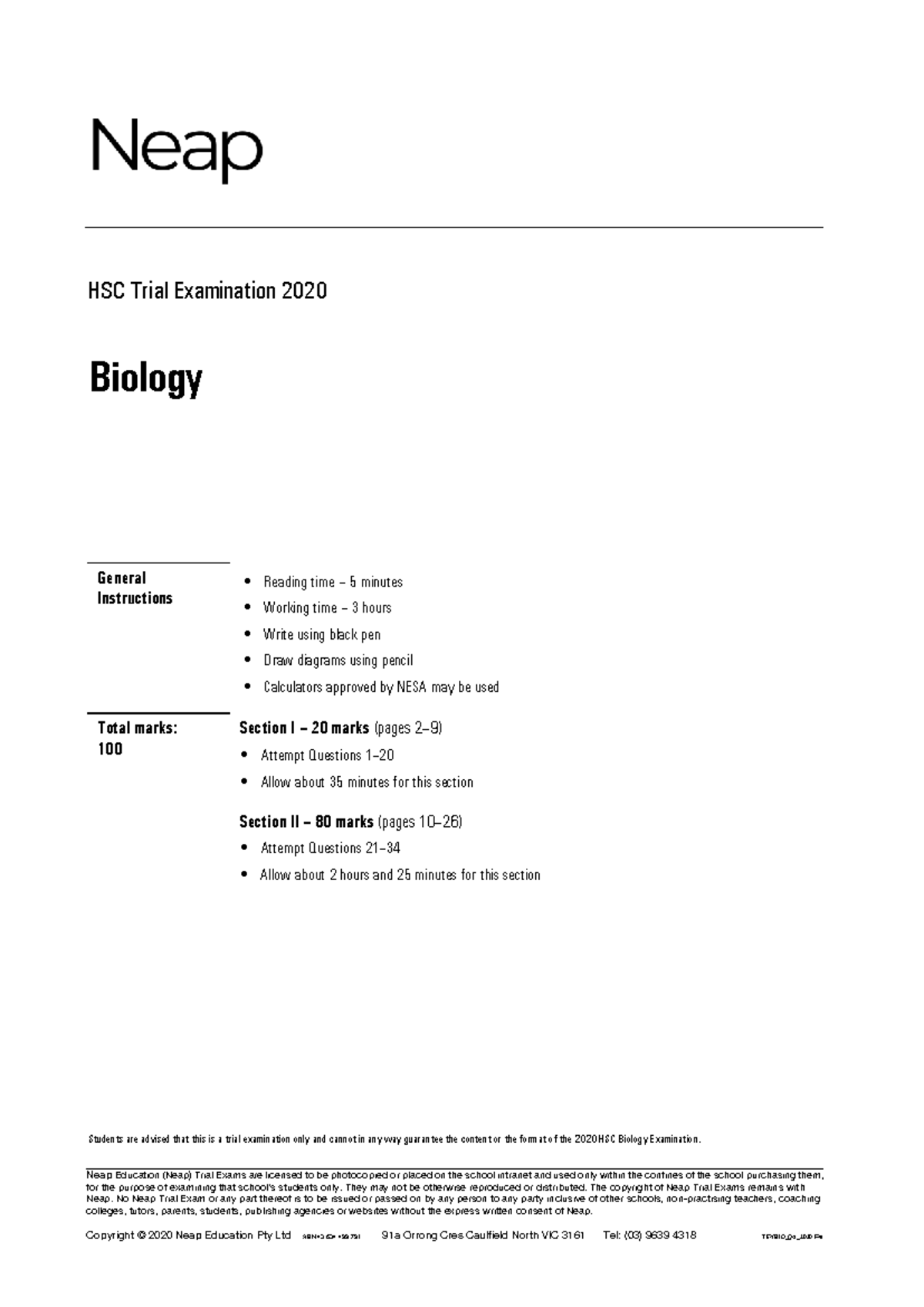 HSC Biology Trial Examination 2020 - NEAP General Instructions - Studocu