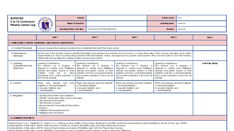Science 4 Q2 W4 DLL: Understanding Habitats of Plants & Animals - Studocu