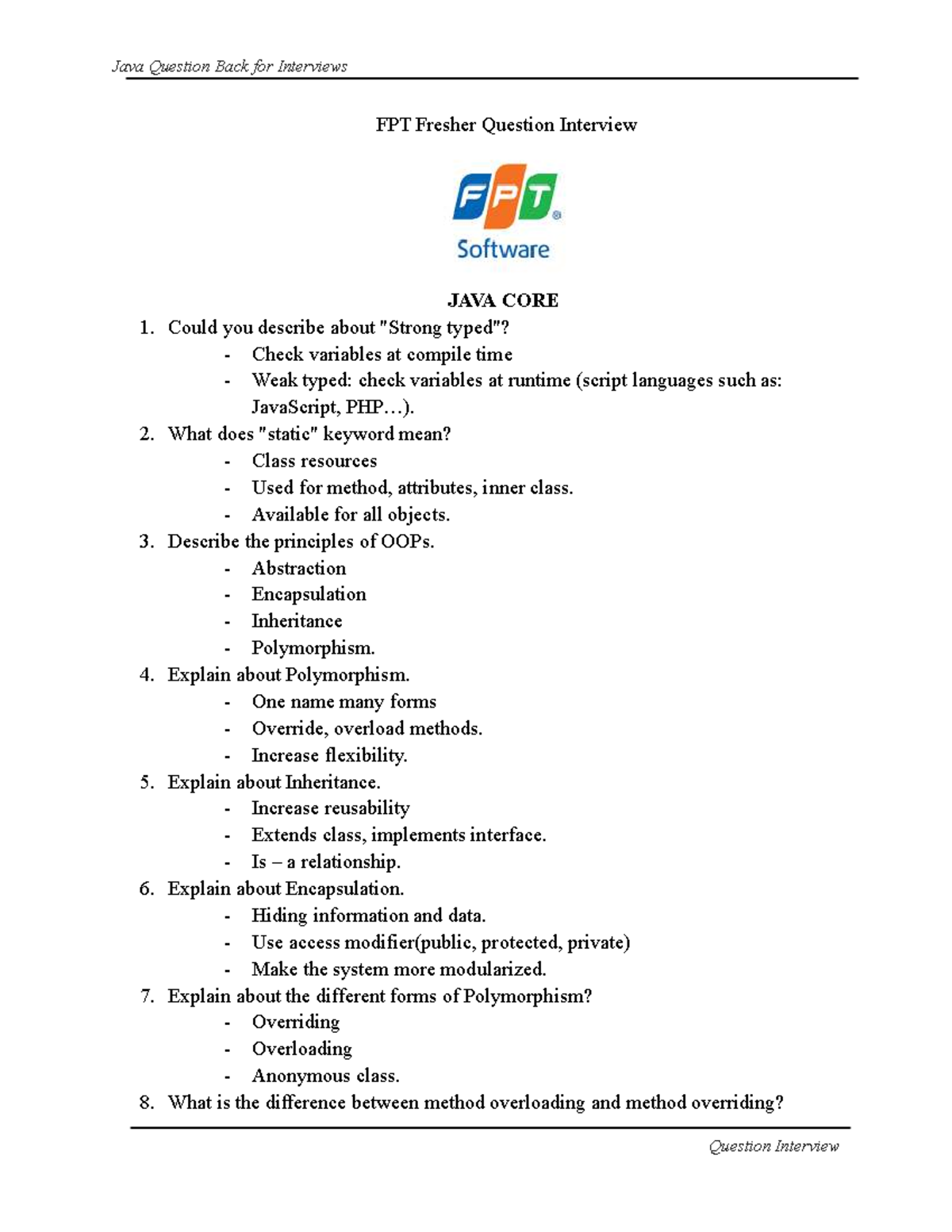 Java Core Interview Questions: Comprehensive Guide for Freshers - Studocu