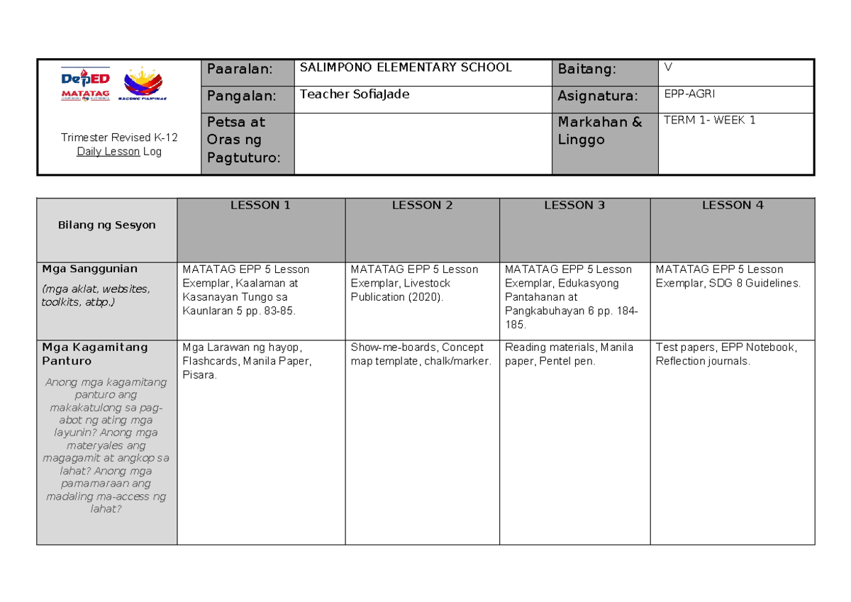 DLL EPP-AGRI 5 T1 Week 1: Daily Lesson Log for Animal Production - Studocu