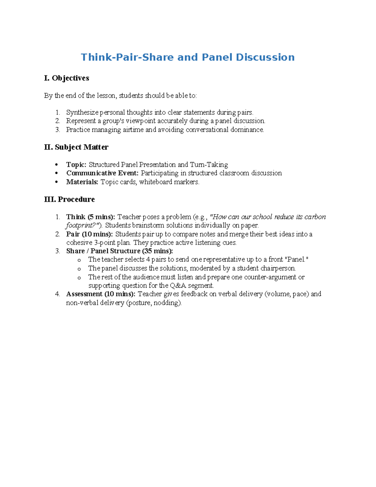Panel Discussion I: Think-Pair-Share Objectives and Procedures - Studocu
