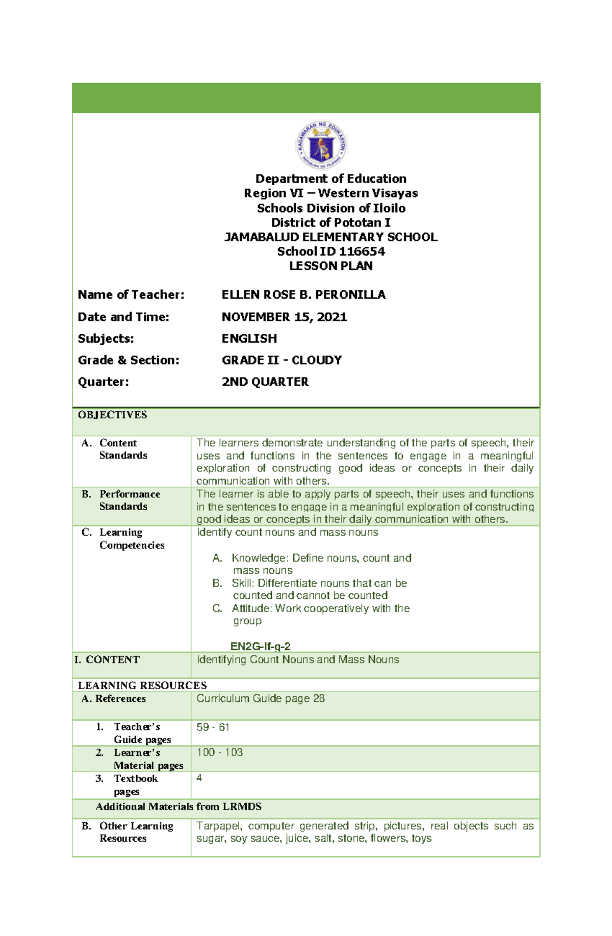 English-COT-Grade 2 Lesson Plan on Count Nouns & Mass Nouns - Studocu