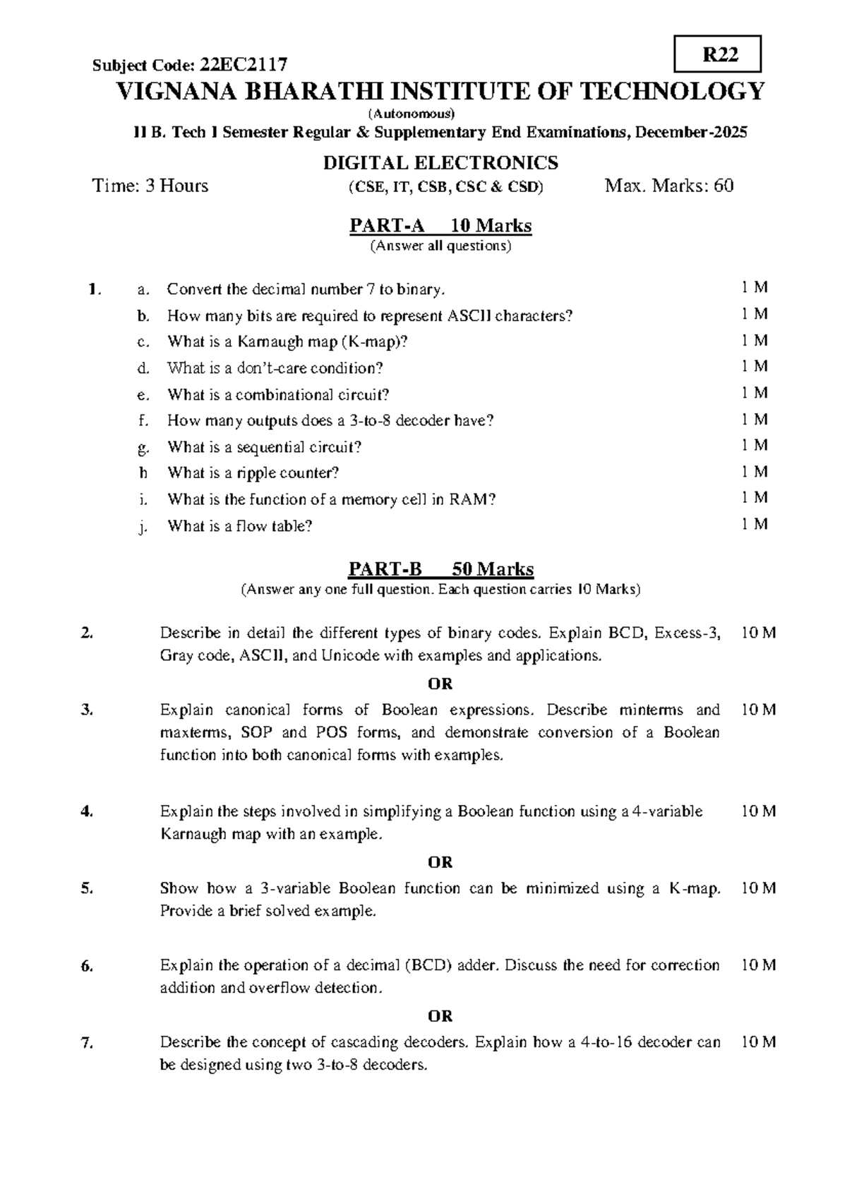 R22 22EC2117 Digital Electronics II B.Tech Sem Exam Questions - Studocu