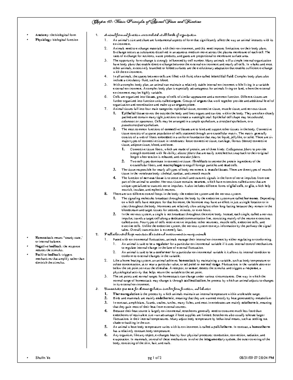 Chapter 40: Animal Form and Function - Key Concepts and Homeostasis ...