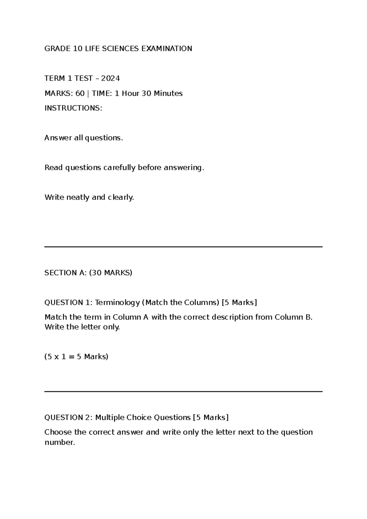LS TEST - Grade 10 Life Sciences Term 1 Mock Exam 2024 - Studocu