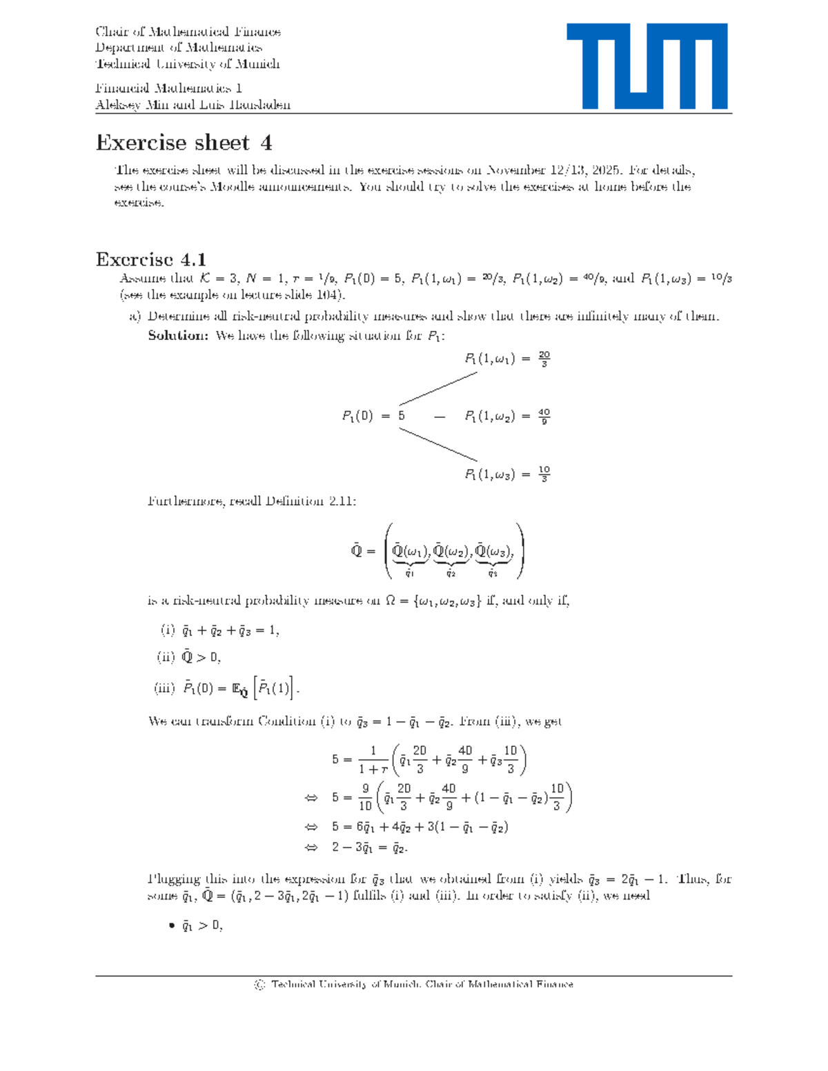 Financial Mathematics 1 Exercise Sheet 04 - Technical University of ...
