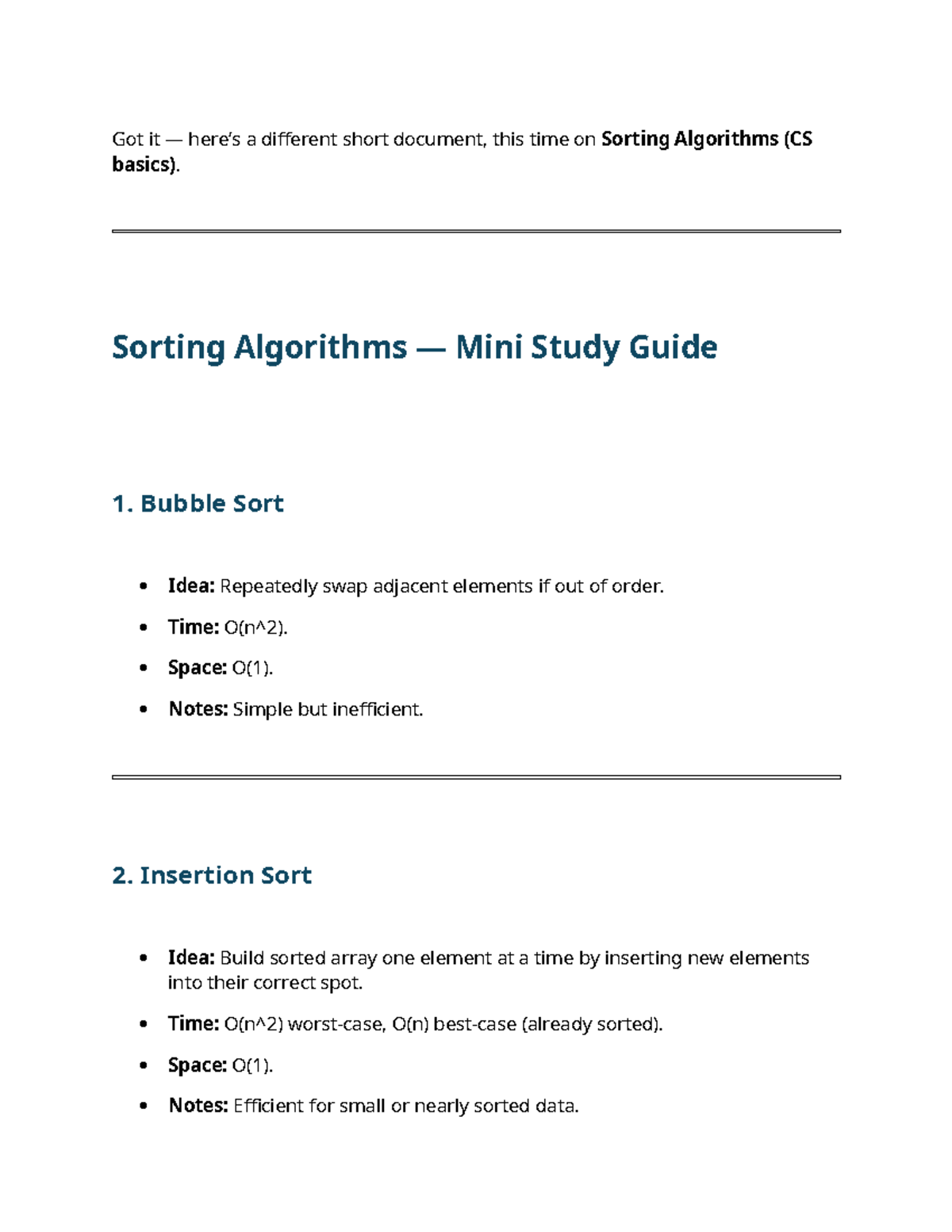 CS Basics: Sorting Algorithms Mini Study Guide - Studocu
