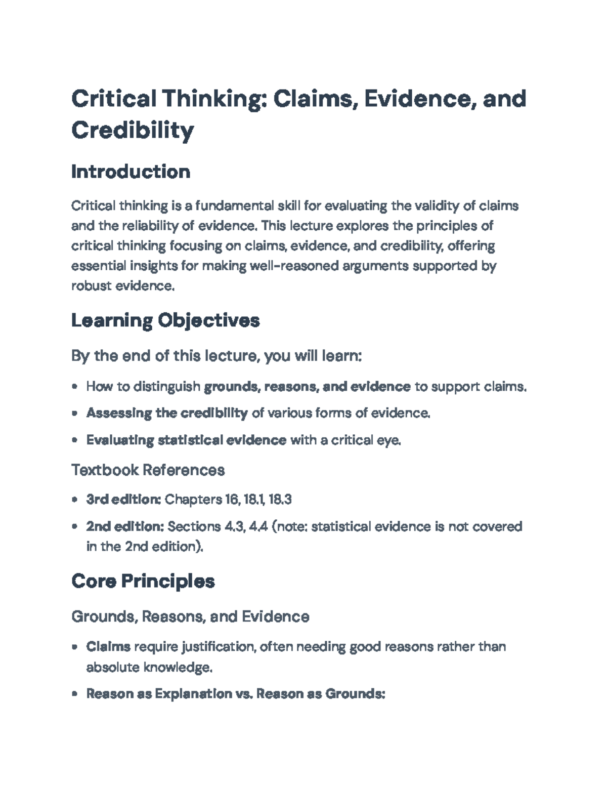 Critical Thinking: Claims, Evidence, and Credibility (Lecture Notes ...