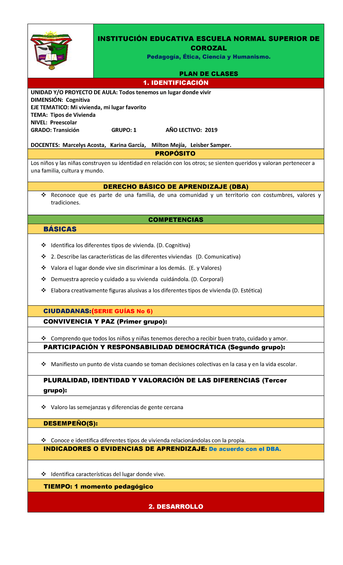PLAN DE CLASES Preescolar 1: Tipos de Vivienda y Su Identidad - Studocu