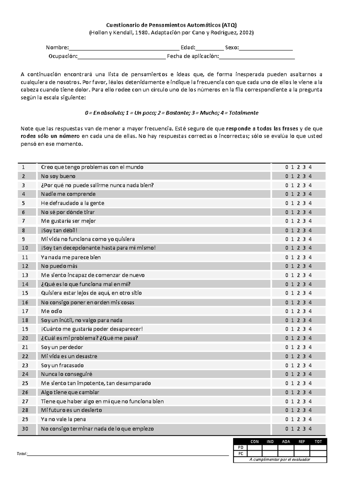Cuestionario de Pensamientos Automáticos (ATQ) - Evaluación de Dolor ...