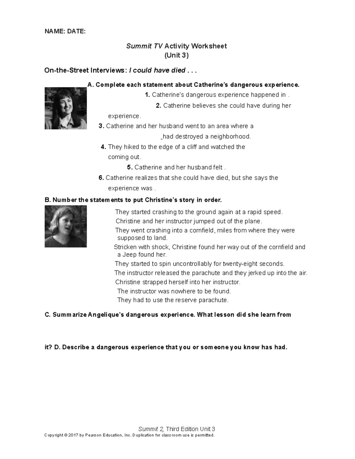 Unit 3 Worksheet: Summit TV Activity & Dangerous Experiences - Studocu