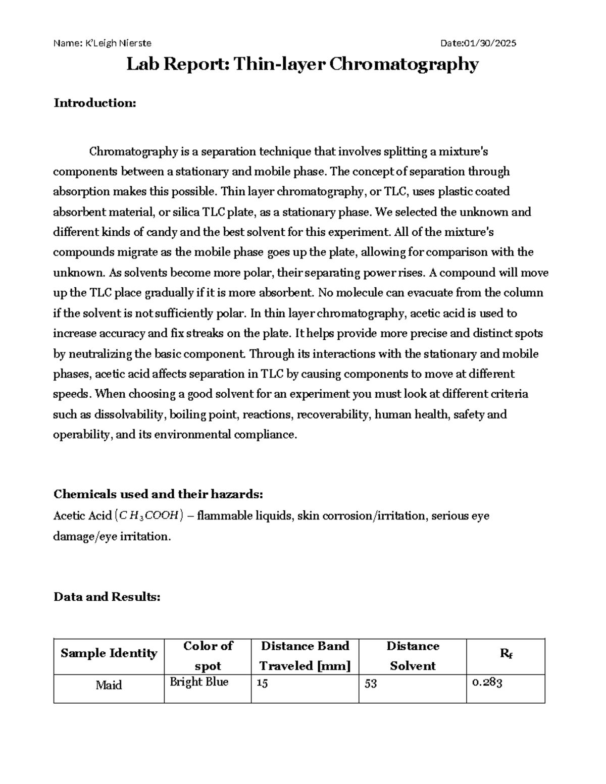 Thin Layer Chromatography Lab Report - Lab Report: Thin-layer Chromatography Introduction: - Studocu