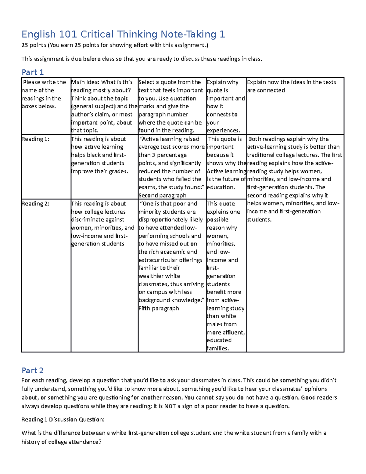 English 101 Critical Thinking Notetaking 1 - English 101 Critical ...