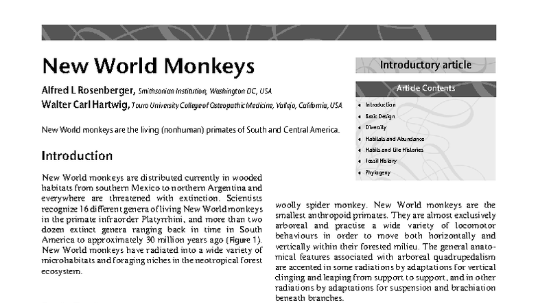 New World Monkeys: An Introductory Overview (Biology 101) - Studocu